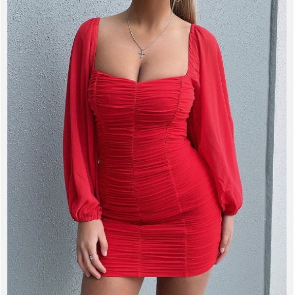 Dresses | Thats So Fetch Red Ruched Bodycon Dress With Sleeves | Poshmark